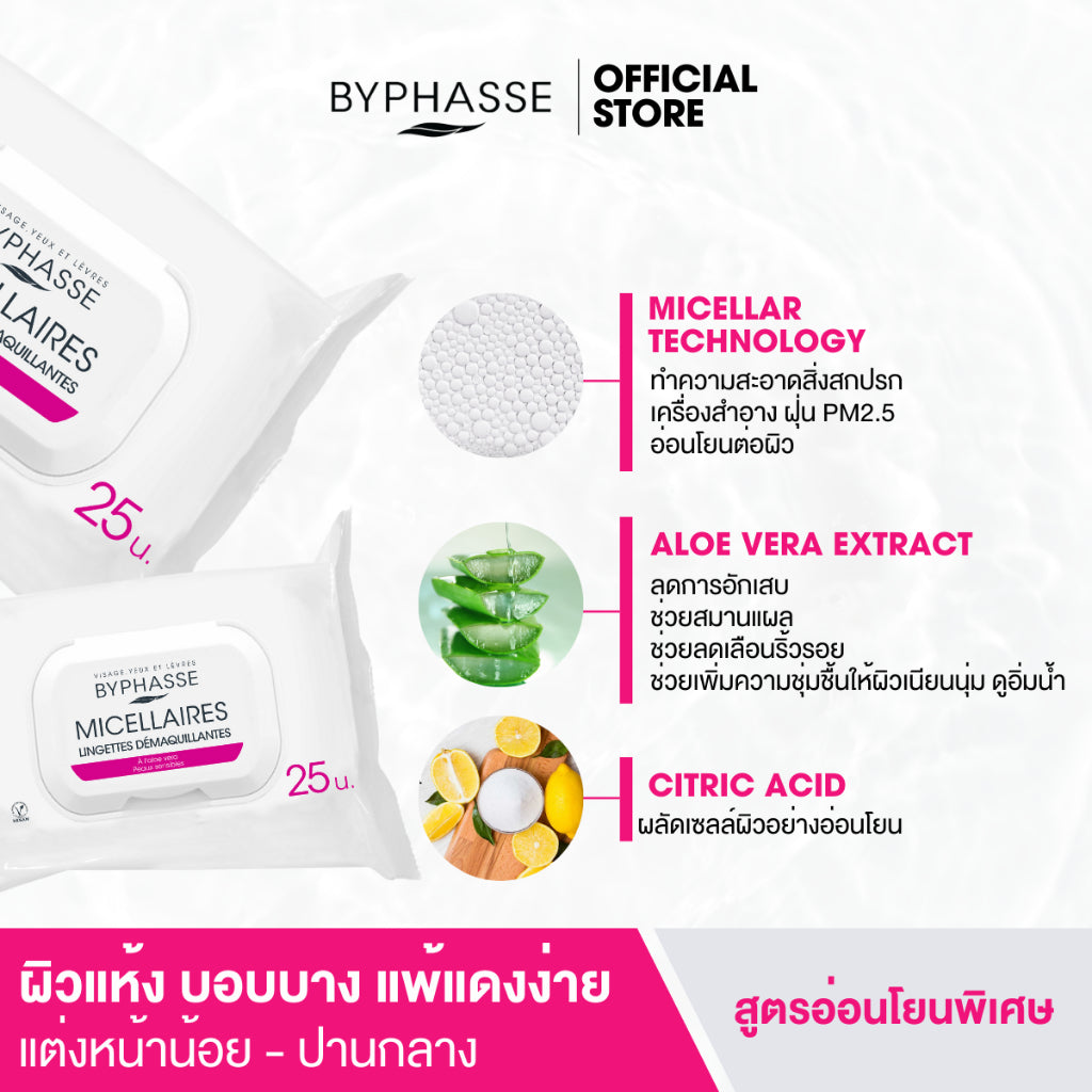 BYPHASSE Extra Sensitive Make Up Remover Cleansing Facial Wipes (25 ...